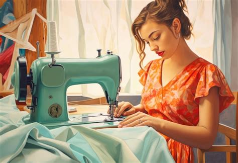 Premium Ai Image Beautyful Young Woman Stitching On Sewing Machine