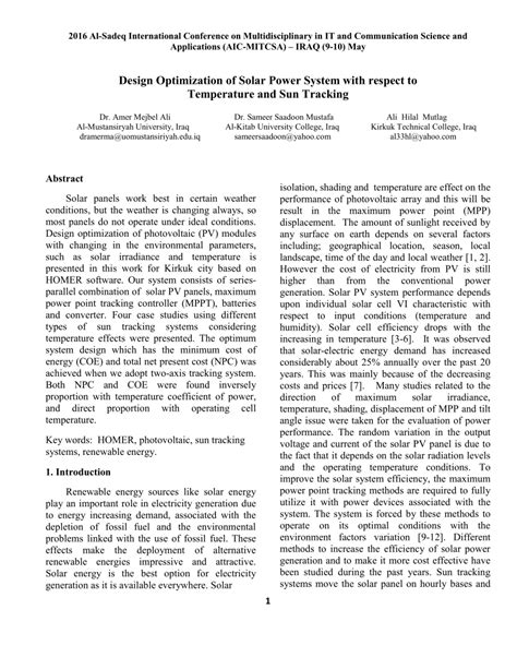 Pdf Design Optimization Of Solar Power System With Respect To Temperature And Sun Tracking