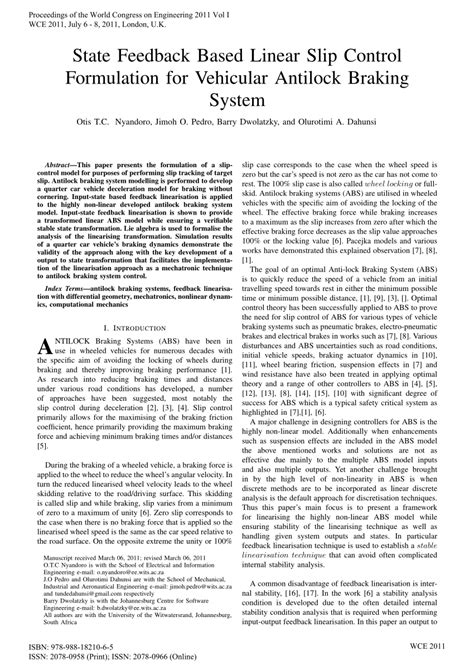 Pdf State Feedback Based Linear Slip Control Formulation For