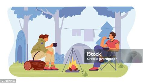 캠프장에서 커플 모닥불 근처에 앉아 먹고 평면 벡터 일러스트 레이 션 여름 캠프 장면 관광에 대한 스톡 벡터 아트 및 기타 이미지 Istock