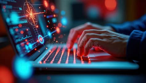 Person Types On Laptop With Dynamic Display Showing Data Visualizations