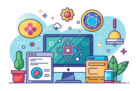 Illustration Of React Workspace With Computer Phone And Ui Elements React Customizable Flat