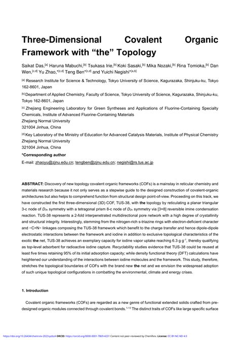 Pdf Three Dimensional Covalent Organic Framework With The” Topology