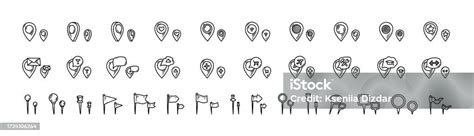네비게이션 핀포인트 위치 지도 핀 낙서 스케치 벡터 그림입니다 손으로 그린 Gps 포인터의 큰 세트입니다 공항 병원 와이파이 체육관 레스토랑 맨손 상점 주소 목적지 기호