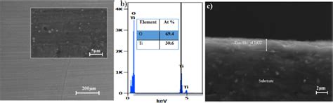 a sem morphology of tio 2 coating b edx spectrum and c cross