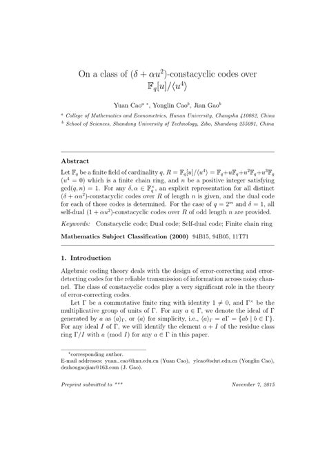 Pdf On A Class Of Deltaalpha U2 Constacyclic Codes Over Mathbb F Q U Langle U4