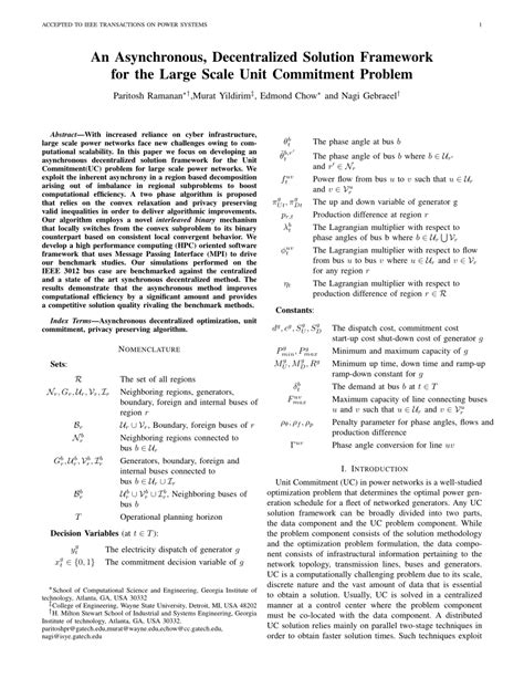 Pdf An Asynchronous Decentralized Solution Framework For The Large Scale Unit Commitment Problem