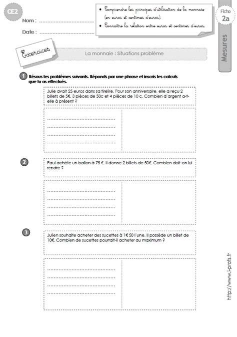 Ce2 Mesures Et Grandeurs Problèmes Sur La Monnaie