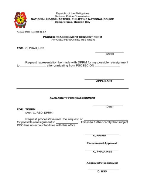 Dprm Form Rsd 02 C A Or Psosec Reassignment Request Form Pdf
