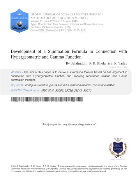 Pdf Development Of A Summation Formula In Connection With