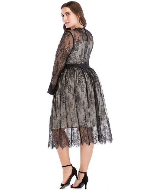 Plus Size Contrast Binding Round Neck Lace Midi Dress Womens Plus