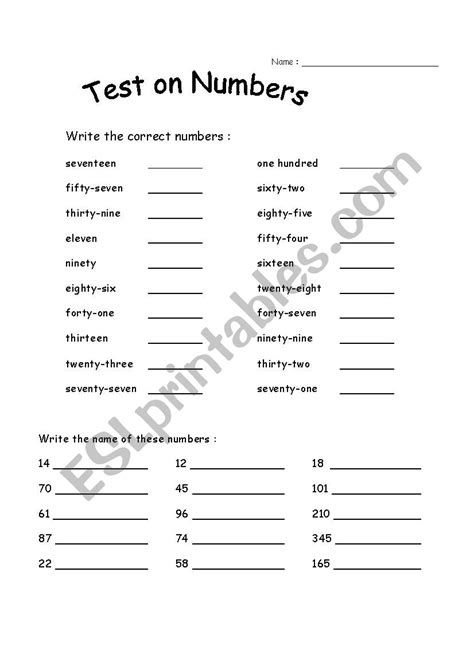 Test On Numbers Esl Worksheet By Misslucie