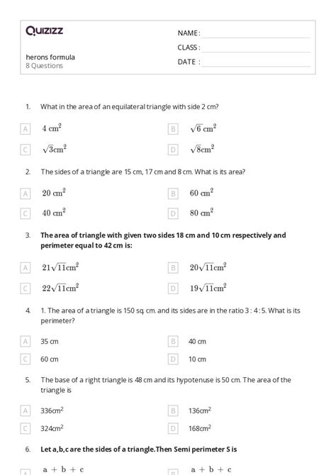 Herons Formula Worksheets For Th Class On Quizizz Free Printable Herons Formula Worksheets For Th Class On Quizizz Free Printable