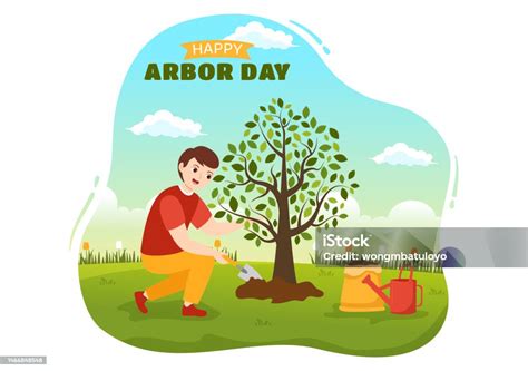 4월 28일 해피 식목일 녹색 나무 정원 도구 및 자연 환경이 있는 그림 랜딩 페이지 템플릿을 위해 그린 플랫 만화 4월에 대한 스톡 벡터 아트 및 기타 이미지 Istock