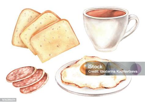아침 식사 음식 세트입니다 차 커피 계란후라이 소시지 치즈 빵 수채화 그림입니다 손으로 그린 클립 아트가 흰색 배경에 분리되어 있습니다 아침 식사 접시 주방 용품의 인쇄용