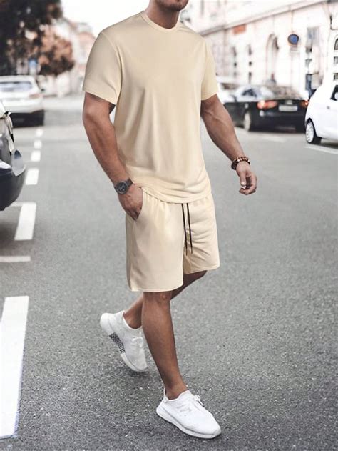 Manfinity Homme Men Solid Tee And Drawstring Waist Shorts In 2024 Beige