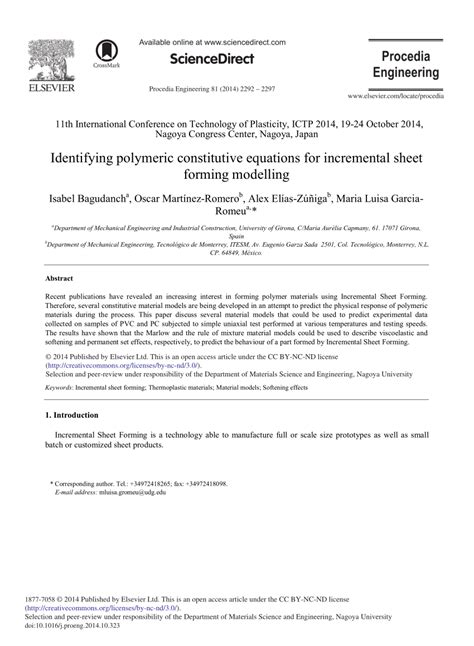 Pdf Identifying Polymeric Constitutive Equations For Incremental Sheet Forming Modelling