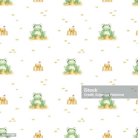 해변에 앉아 모래성을 쌓고 있는 귀여운 개구리 흰색 배경에 수채화 원활한 패턴입니다 베이비 샤워 직물 보육 장식 포장 포장지 및 스크랩북 개구리에 대한 스톡 벡터 아트 및