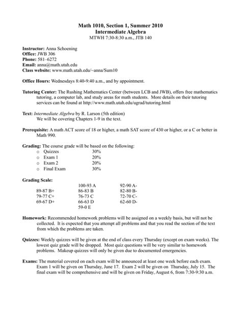 Math 1010 Section 1 Summer 2010 Intermediate Algebra