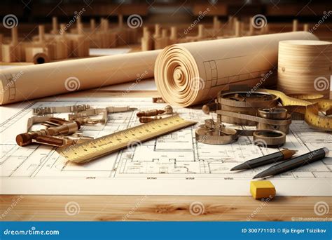 Detailed Architectural Blueprint With Drafting Tools And Equipment For