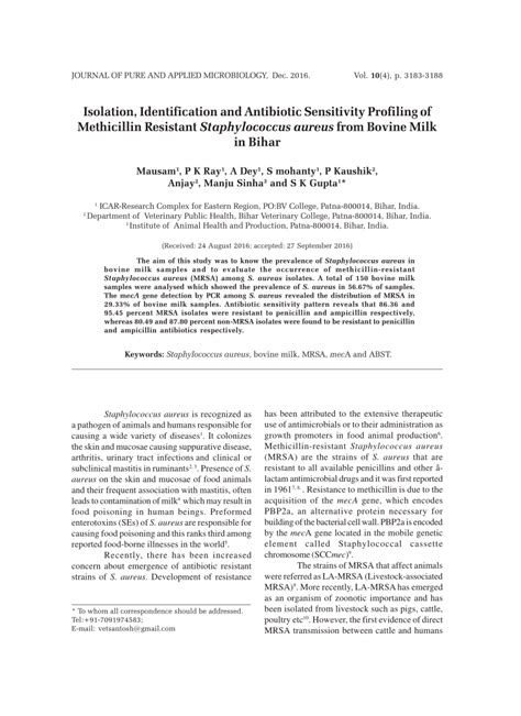 Pdf Isolation Identification And Antibiotic Sensitivity Profiling Of Methicillin Resistant