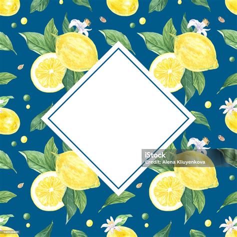 레몬 나뭇잎 꽃의 수채화 그림 프레임 파란색 배경에 식물 스타일로 손으로 그렸다 청첩장 카드 월페이퍼 트렌디한 포스터 배경 메뉴 카드용 감귤류 열대 과일