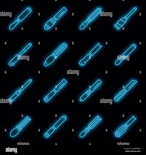 Chisel Icons Set Outline Set Of Chisel Vector Icons Neon Color On
