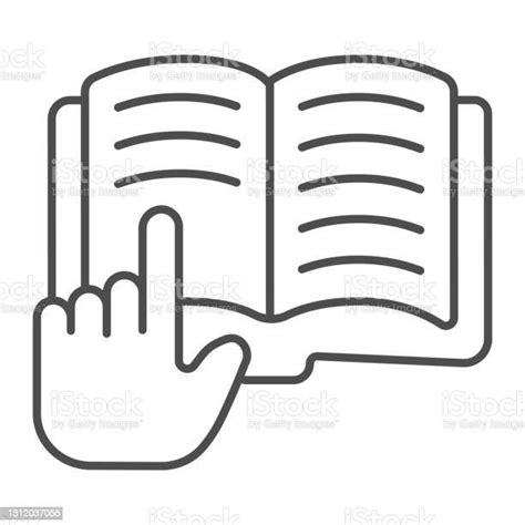 책 얇은 라인 아이콘에 집게 손가락과 손 어린이 책 일 개념 흰색 배경에 오픈 북 벡터 기호 모바일 개념 및 웹 디자인을위한 집게 윤곽 스타일 벡터 그래픽 0명에 대한 스톡