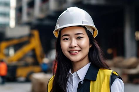 Premium Photo Happy Asian Woman In An Engineer Hard Hat At A