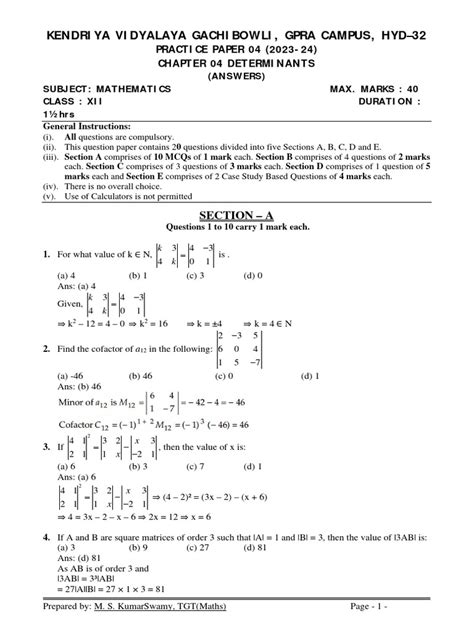 Maths Class Xii Chapter 04 Determinants Practice Paper 04 Answers Pdf