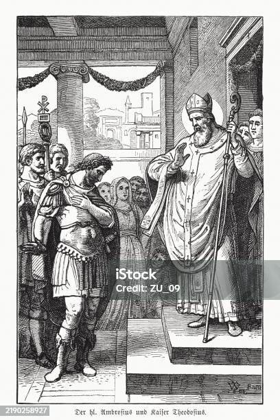 황제 테오도시우스 앞에서 1883 년 출판 된 목판 19세기 스타일에 대한 스톡 벡터 아트 및 기타 이미지 Istock