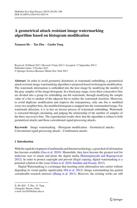 Pdf A Geometrical Attack Resistant Image Watermarking Algorithm Based On Histogram Modification