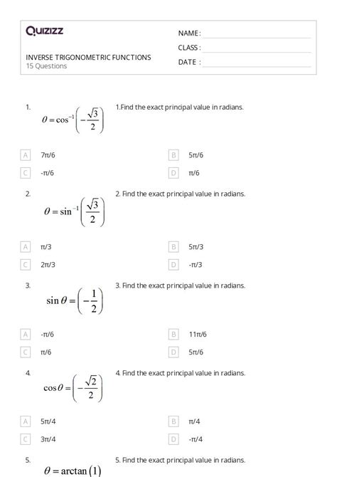 50 Inverse Trigonometric Functions Worksheets For 12th Class On