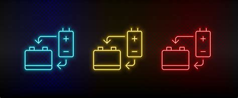 네온 아이콘 세트 배터리 에너지 에코 빨간색 파란색 노란색 네온 벡터 아이콘 세트 배터리 전원에 대한 스톡 벡터 아트 및 기타 이미지 배터리 전원 네온 로고 Istock