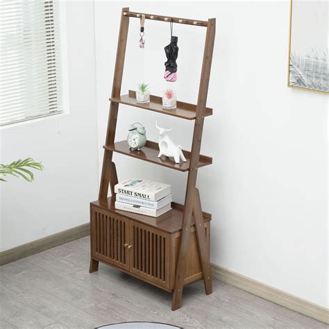 Balanbo Bamboo Ladder Shelf Modern Wood Bookshelf Tall Bookcase Leaning Wall Shelves Open