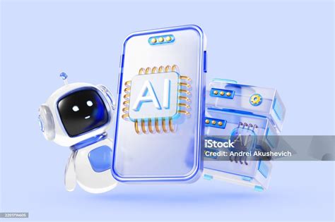 인공 지능 기술 3d 파란색 배경 Ai 칩이 있는 유리 스마트폰 채팅 봇 로봇 캐릭터 데이터 서버 기계 학습 모바일 앱의 지원 서비스 지원 3차원 형태에 대한 스톡 사진 및