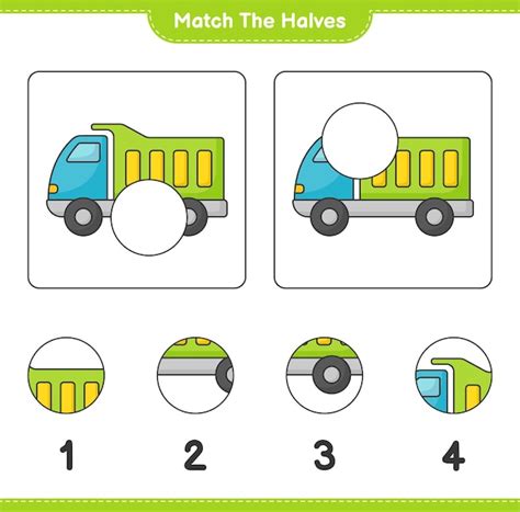 반쪽 일치 트럭 교육용 어린이 게임 인쇄용 워크시트의 반쪽 일치 프리미엄 벡터