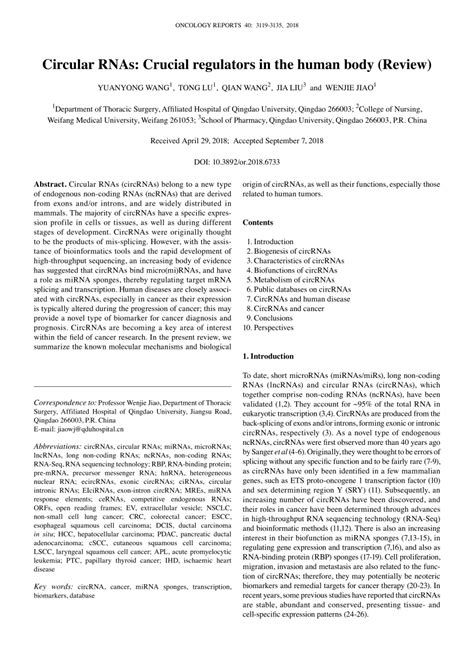 Pdf Circular Rnas Crucial Regulators In The Human Body Review