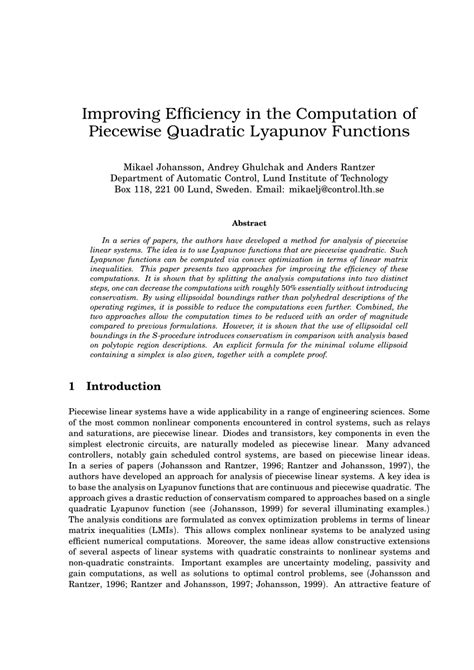 PDF Improving Efficiency In The Computation Of Piecewise Quadratic Lyapunov Functions