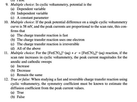 Solved 9 Multiple Choice In Cyclic Voltammetry Potential