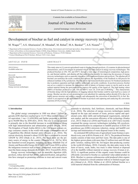 Pdf Development Of Biochar As Fuel And Catalyst In Energy Recovery Technologies