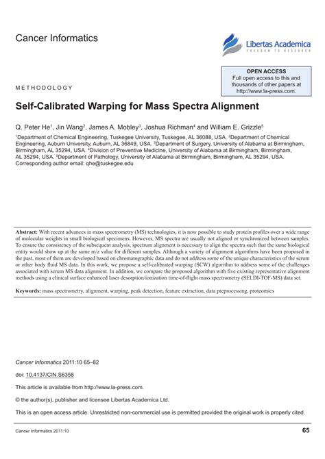 pdf self calibrated warping for mass spectra alignment