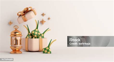 케투팟 선물 상자 랜턴 만화 스타일 라마단 카림 마울리드 이프타르 이스라 미라지 이드 알 피트르 아다 무하람 복사 공간 텍스트 영역 3d 그림이 있는 이슬람 장식 배경 3