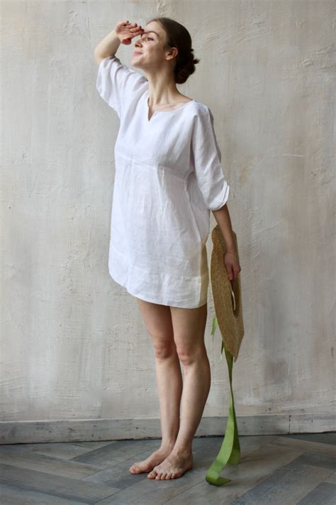 Womens Summer Linen White Tunic Beach Dress With Short Sleeves Di
