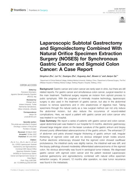 Pdf Laparoscopic Subtotal Gastrectomy And Sigmoidectomy Combined With Natural Orifice Specimen