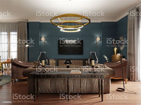 빛나는 스콘스가있는 파란색 벽에 소파와 Tv가있는 나무 클래식 콘솔의 정면 보기 현대적인 고전적인 인테리어 0명에 대한 스톡 사진 및 기타 이미지 Istock