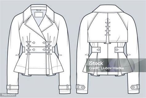 래글런 슬리브 재킷 테크니컬 패션 일러스트 자른 트렌치 코트 패션 플랫 기술 도면 템플릿 전면 및 후면보기 레이스 업 화이트 여성 남성 남녀 공용 Cad 모형 설계도에 대한