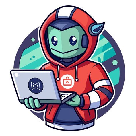 Mascot Robot Playing Laptop Premium AI Generated Vector