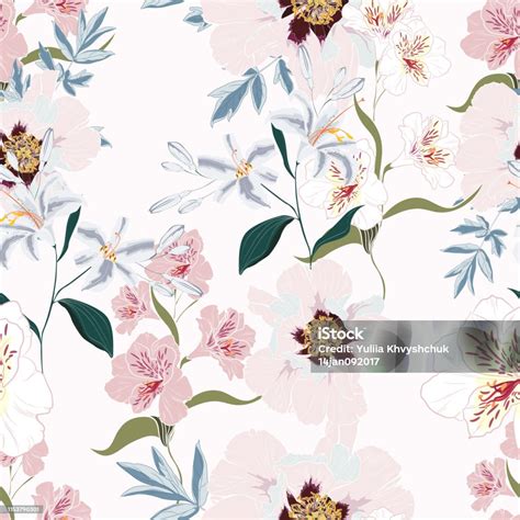 핑크 모란 꽃 Alstroemeria 및 백합 꽃 완벽 한 패턴입니다 직물 인쇄 웨딩 장식 초대장 배경 화면에 대 한 봄 피는 벡터 일러스트입니다 빈티지 흰색 배경입니다 0