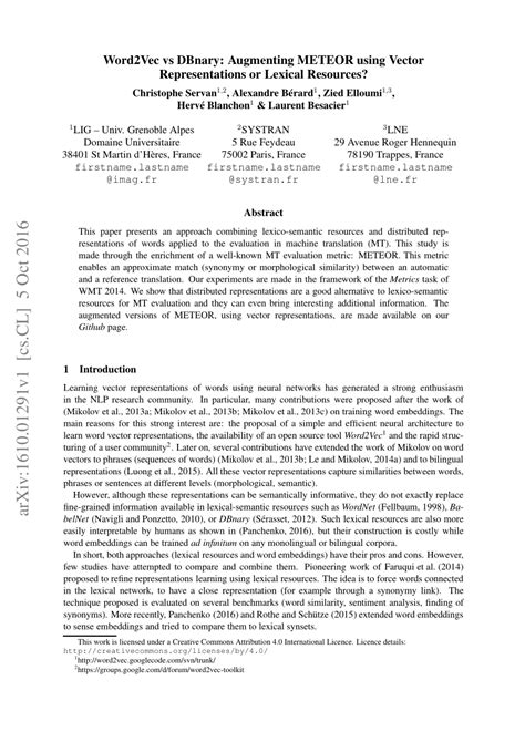 Pdf Word2vec Vs Dbnary Augmenting Meteor Using Vector Representations Or Lexical Resources